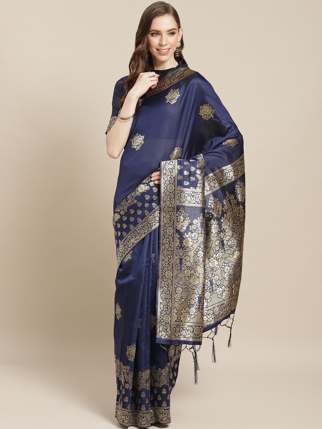 Saree mall Navy Blue & Golden Ethnic Floral Woven Design Banarasi Sare ...
