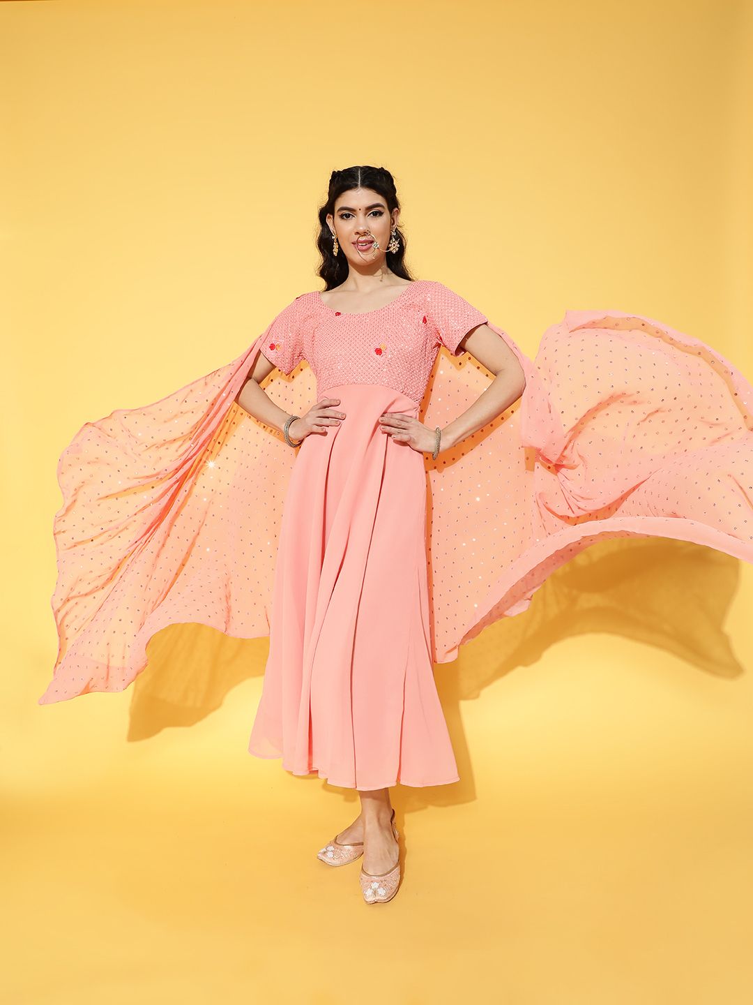 Libas Pink Floral Embroidered Maxi Dress With Embellished Dupatta ...