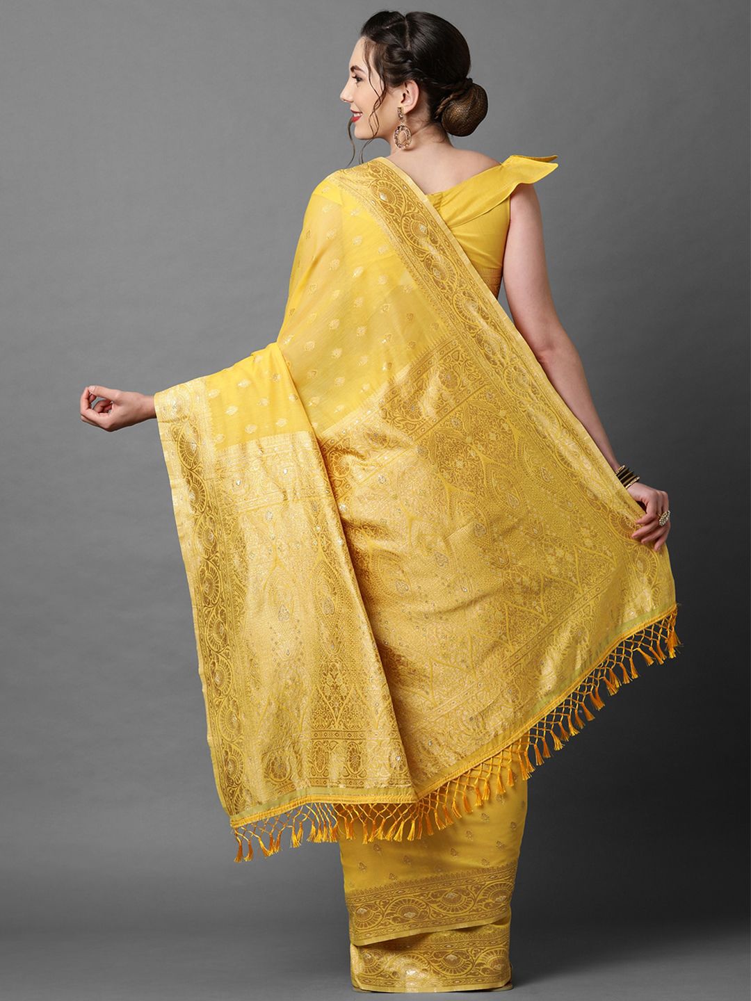Mitera Yellow Silk Blend Ethnic Motif Woven Design Banarasi Saree ...