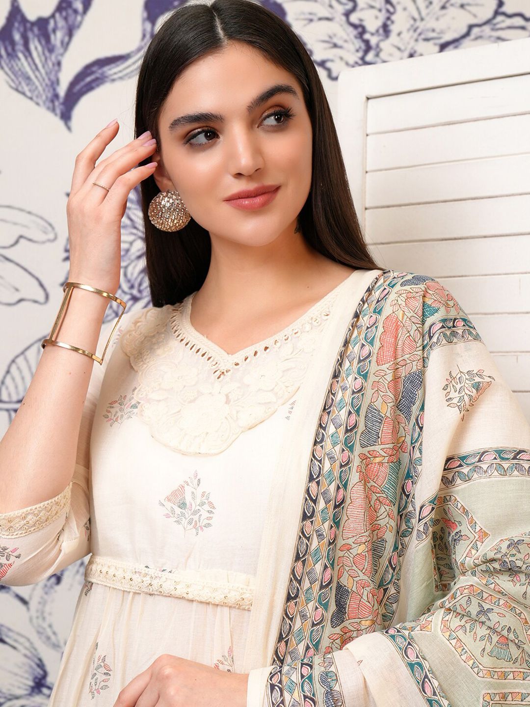 Vishudh White Printed Gathered Midi Fit & Flare Ethnic Dresses With Du ...
