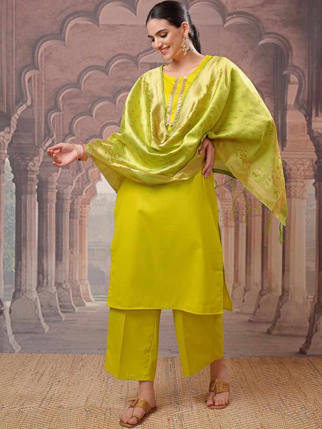 Vishudh Lime Green Gotta Patti Straight Kurta with Palazzo & Dupatta ...