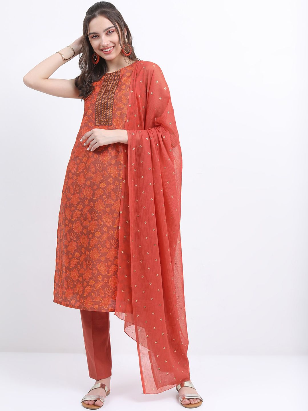 Vishudh Floral Printed Straight Kurta with Trousers & Dupatta – Myntra ...
