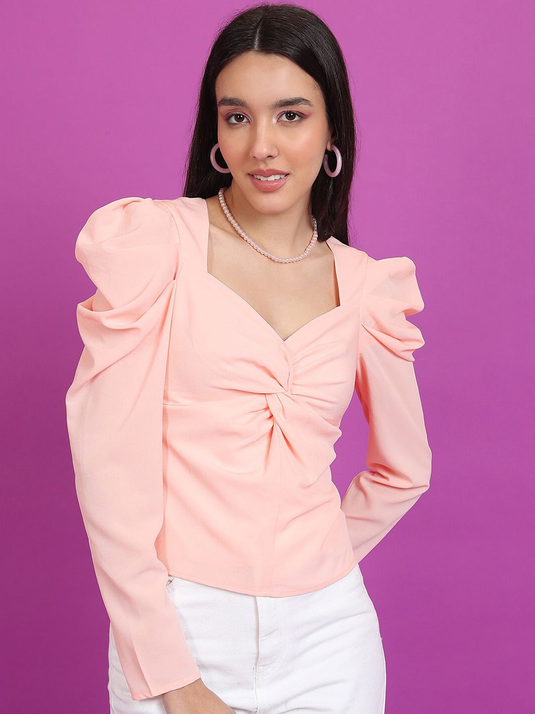 Tokyo Talkies Pink Sweetheart Neck Puffed Sleeves Twisted Top – Myntra ...