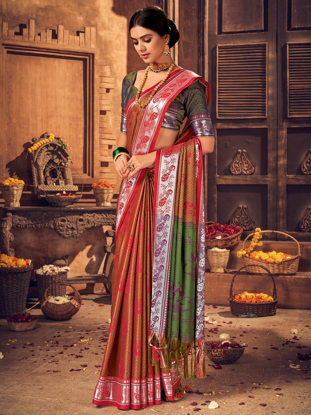 Mitera Ethnic Motifs Woven Design Zari Kanjeevaram Saree – Myntra ...