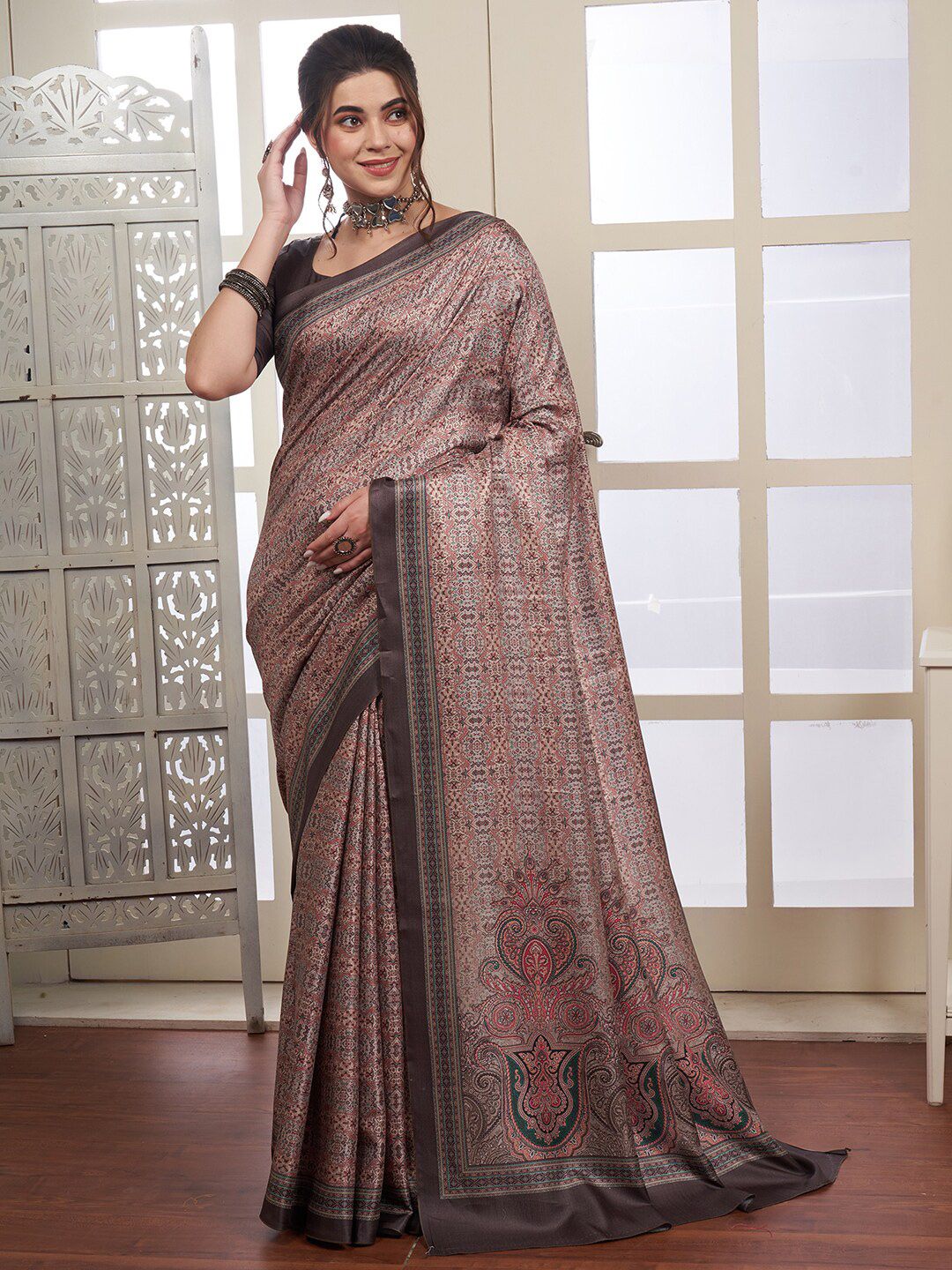 Saree mall Brown & Sea Green Ethnic Motifs Printed Silk Sarees – Myntra ...