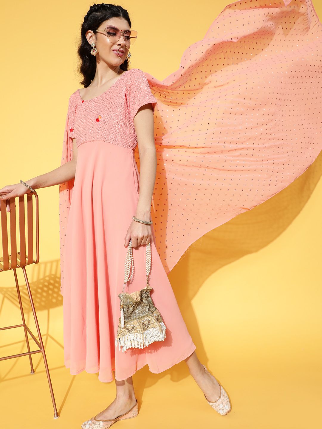 Libas Pink Floral Embroidered Maxi Dress With Embellished Dupatta ...