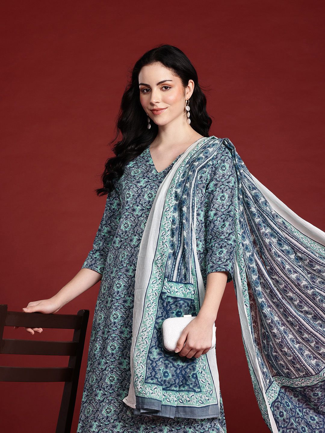Anouk Ethnic Motifs Printed Pure Cotton Kurta with Trousers & With Dup ...