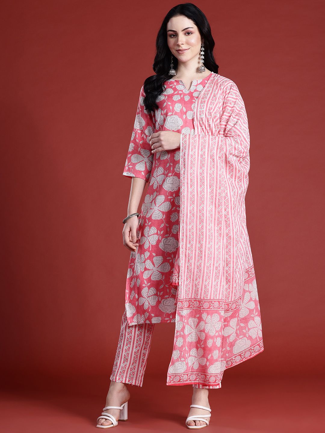 Anouk Floral Printed Panelled Pure Cotton Kurta with Trousers & With D ...